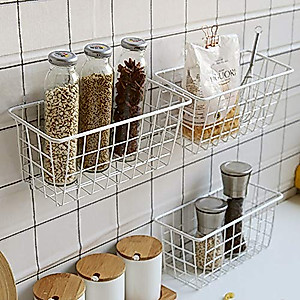 LeleCAT Hanging Kitchen Baskets For Storage Adhesive Sturdy Small Wire Storage Baskets with Kitchen Food Pantry Bathroom Shelf Storage No Drilling Wall Mounted,2 PACK,White