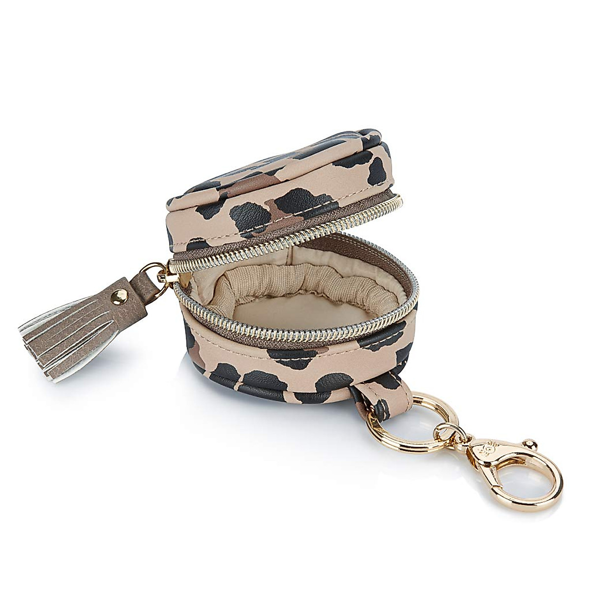 Itzy Ritzy Pacifier Holder Case with Clip - Pacifier Case Includes Clasp to Easily Attach to a Diaper Bag or Purse, Measures 2.5" in Diameter and Holds 2 Pacifiers (Leopard)