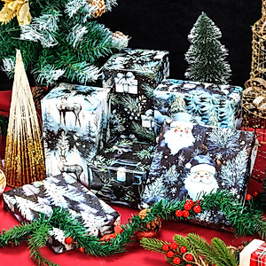 Vnaaem Black Christmas Wrapping Paper 6 Watercolor Xmas Style Gift Wrapping Paper Bulk Santa Snowman Christmas Trees and Reindeer Designs Folded Flat for Winter Holiday - 20 X 28Inches Per Sheet(6 Pack)