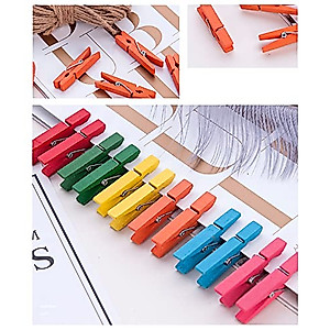 200 Pack Colored Wooden Clothes Pins, 10 Colors Wooden Clothes Pins with 66FT Jute Twine, Rainbow Clips for Photos, Pictures, Clothing Hanging (1.89 in)