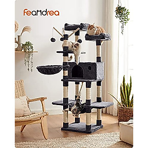 FEANDREA Cat Tree, Large Cat Tower, 64.6 Inches, Cat Activity Center with Hammock, Basket, Removable Fur Ball Sticks, Cat Condo, Smoky Gray UPCT087G01
