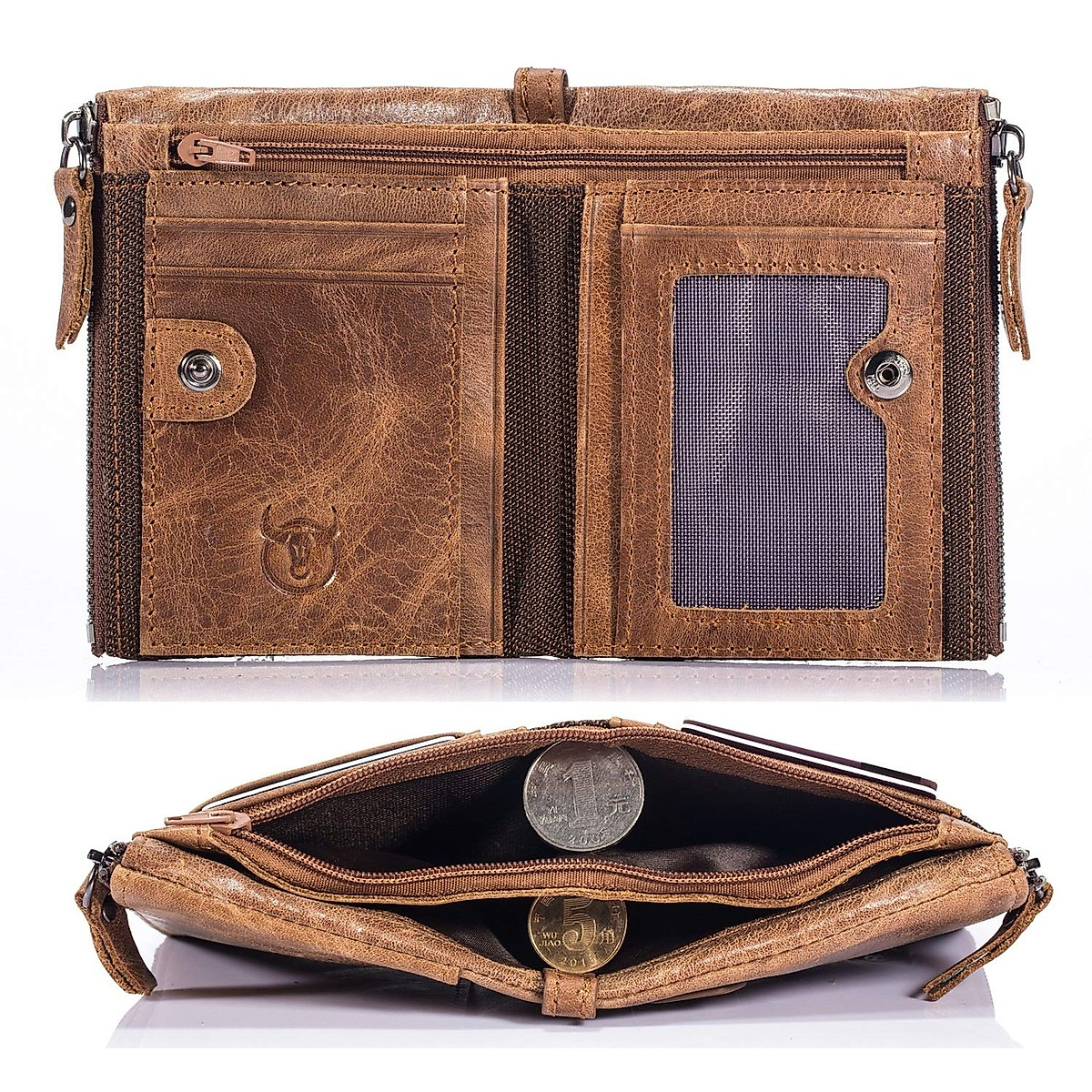 BULLCAPTAIN Genuine Leather Wallet for Men Vintage Bifold with Double Zipper Pockets (Brown)