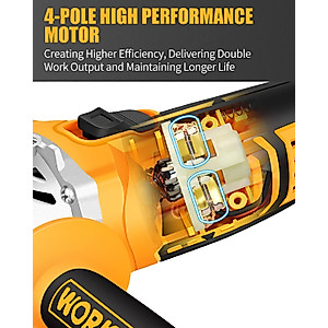 WORKSITE Cordless Angle Grinder, 4-Pole Motor, 4-1/2 Inch Cordless Grinder w/4.0A Battery & Fast Charger, 3-Position Adjustable Auxiliary Handle, Cutting Wheels, Grinding Wheels and Flap Discs