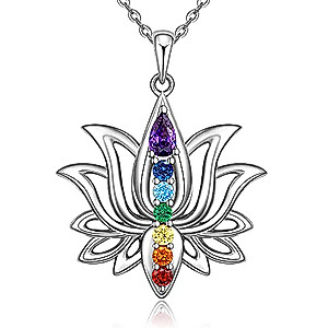 Jewlikee 7 Chakra Necklace Sterling Silver Yoga Lotus Pendant Chakra Stone Bar Necklaces for Women Energy Balance