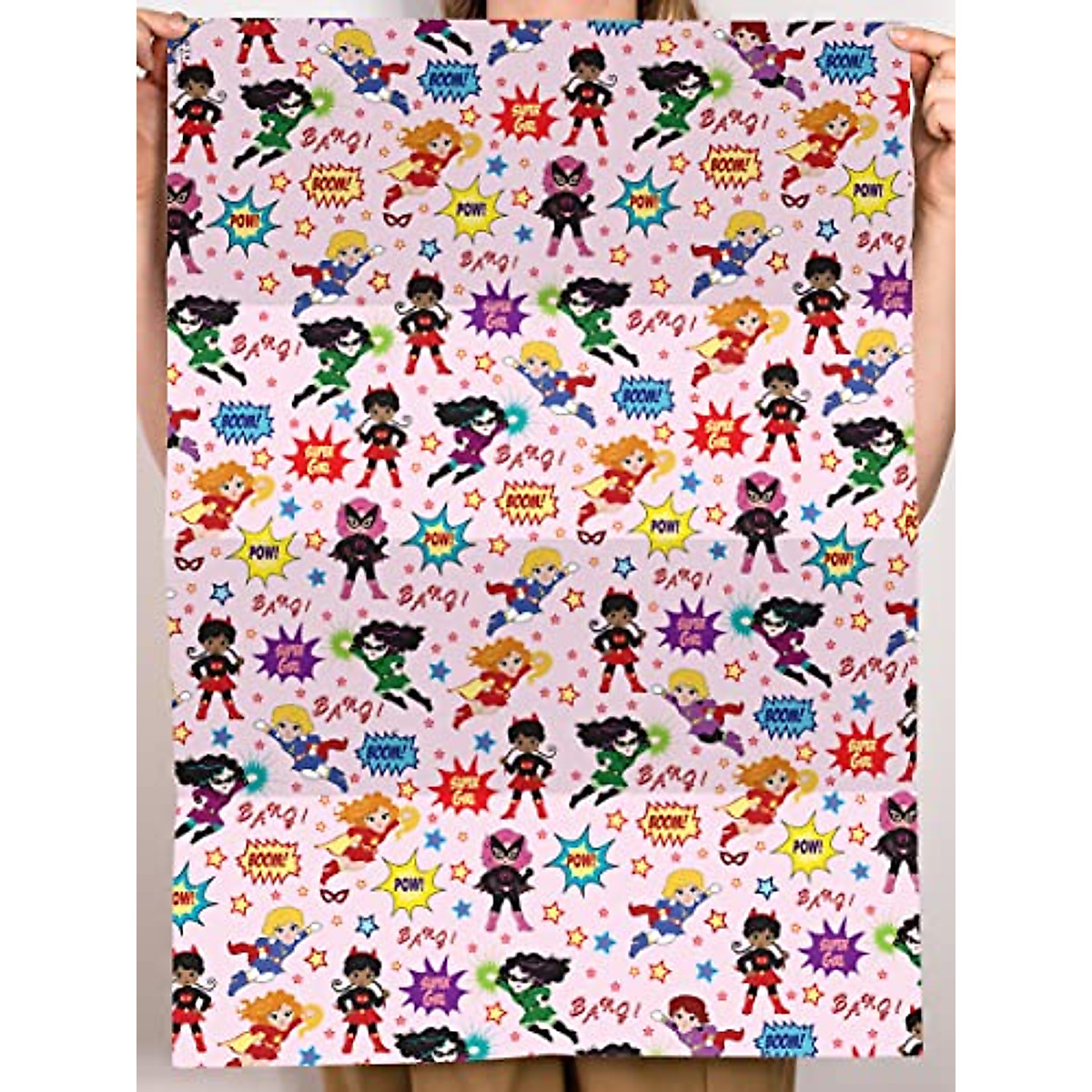 CENTRAL 23 Girls Birthday Wrapping Paper - Superhero Themed - Super Girl - 6 Sheets Gift Wrap - Baby Shower Wrapping Paper Girl - Comes with Stickers