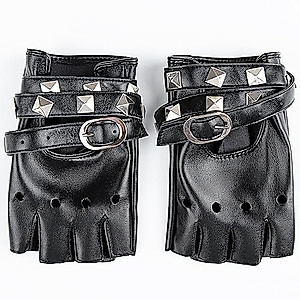 Fingerless Leather Gloves, Half Finger Biker Punk Gloves (One size fits all) with Belt Up and Rivet Design for Halloween Costume Party