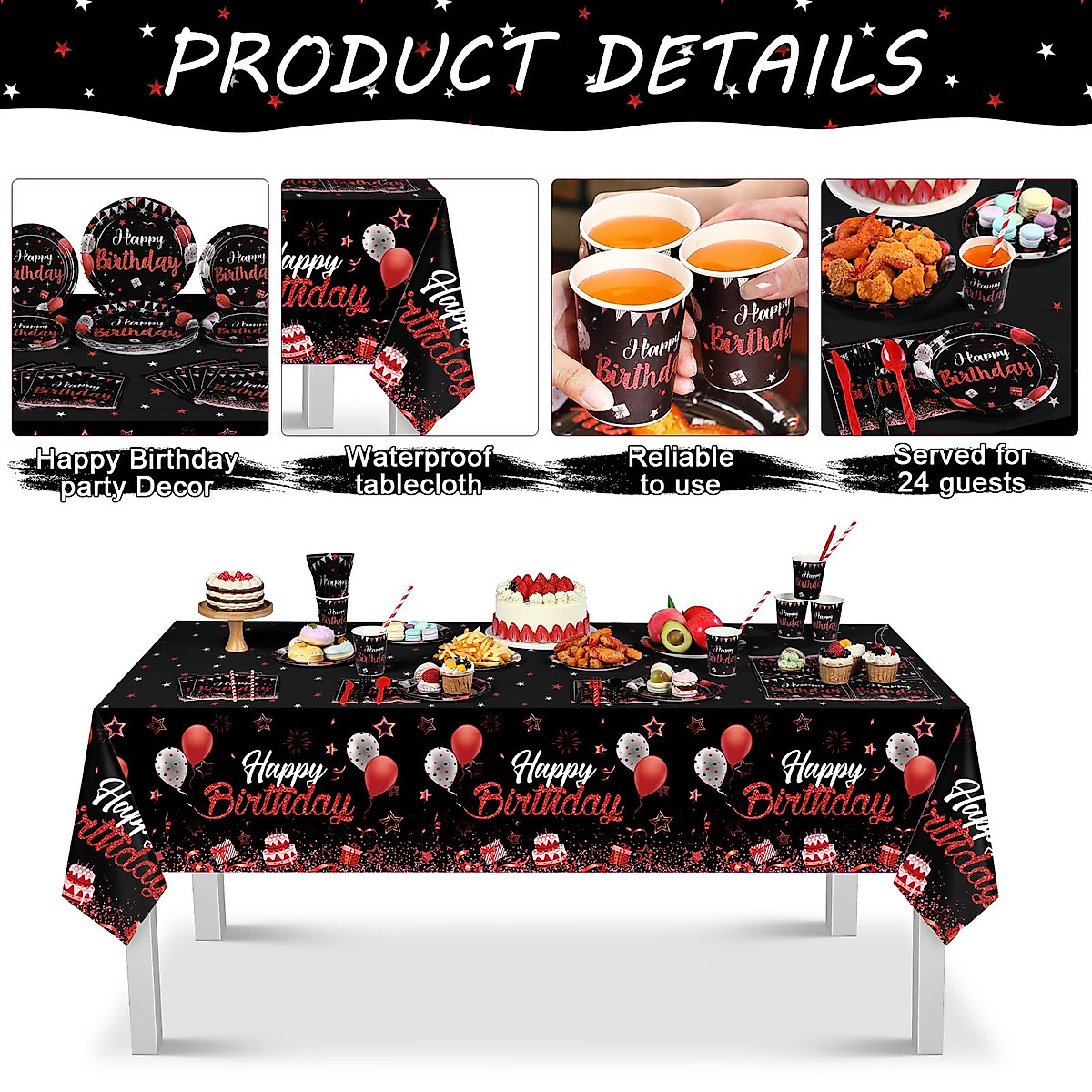 Capoda Birthday Party Supplies Happy Birthday Tableware Set Confetti Starry Tablecloth Plates Cups Napkins Dinnerware for Kids Adults Party Supplies Decor(Red and Black)