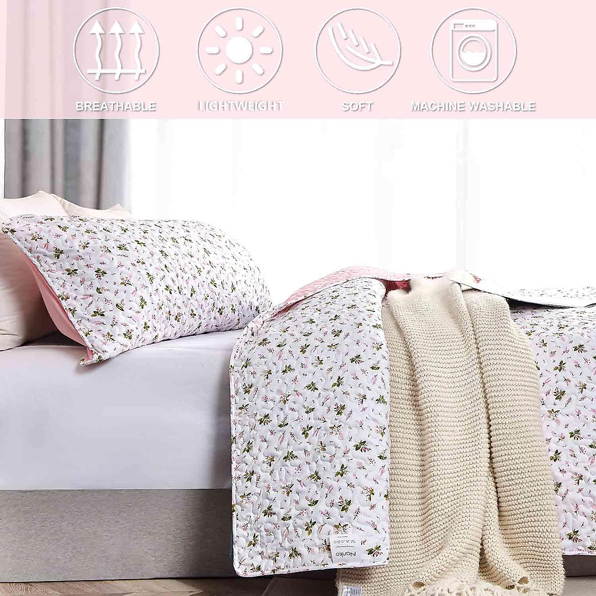 Nanko Quilt Set Queen Full Size 3 Pcs, White and Pink Floral Green Flower Pattern Bedspreads, Soft Lightweight Coverlet Bed Spreads, Farmhouse Thin Quilted Comforter Bedding Sets for Women Girls 90x90