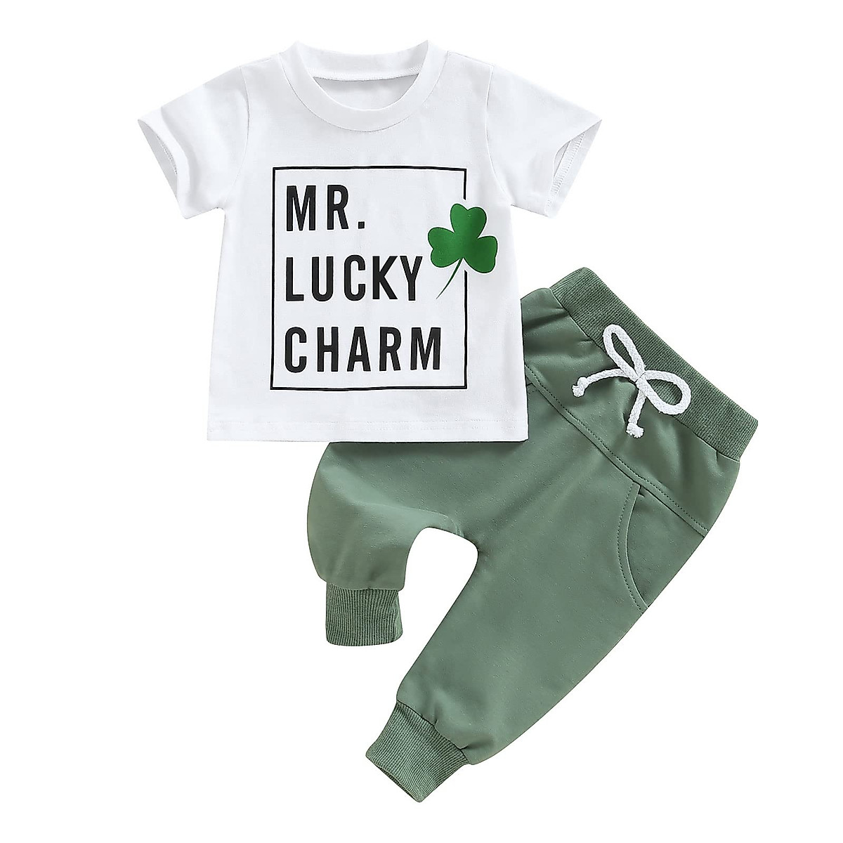 St.Patrick's Day Outfit for Toddler Boys Girls Clover Print Short Sleeve T-Shirt Elastic Waist Long Pants Set (Green, 12-18 Months)