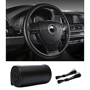Car Stitch Steering Wheel Cover,Leather Steering Wheel Wrap with Needle and Thread,Anti Slip DIY Kit Steering Wheel Cover Men & Women for Car Interior Decoration (Black)