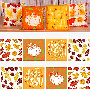 Whaline 400Pcs Fall Cellophane Bag 4 Styles Plastic Pumpkin Maple Leaf Self-adhesive Cello Bag Thanksgiving Goodie Treat Bag Candy Snack Bags Bulk for Thanksgiving Party Favor Autumn Party Supplies