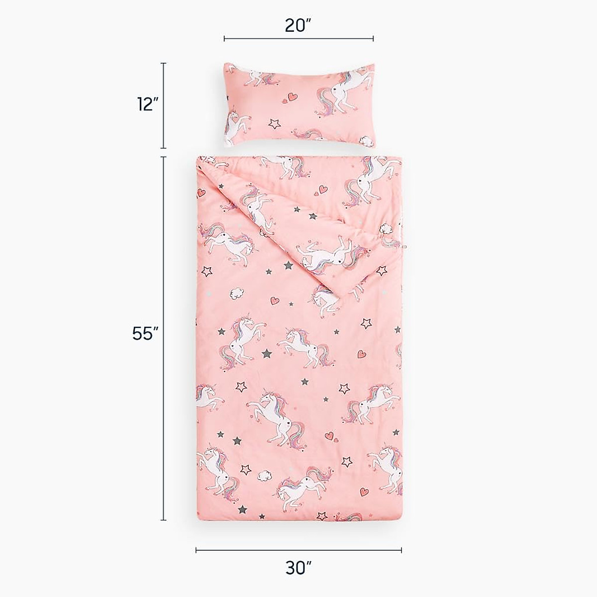 Wake In Cloud - Sleeping Bag Zippered, Nap Mat with Matching Pillow for Kids Boys Girls Sleepover Overnight Travel Slumber Bag, White Unicorns Printed on Pink, 100% Soft Microfiber