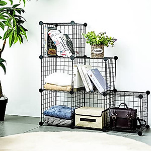 BASTUO Wire Cube Storage Cabinet, 6 Cubes DIY Metal Organizer, Stackable Bookcase Shelf Modular Cube Organizer Rack, Wardrobe Closet for Livingroom, Bedroom, Office, Black