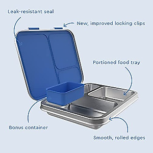 Bentgo® Kids Stainless Steel Leak-Resistant Lunch Box - Bento-Style Redesigned in 2022 w/Upgraded Latches, 3 Compartments, & Extra Container - Eco-Friendly, Dishwasher Safe, Patented Design (Blue)
