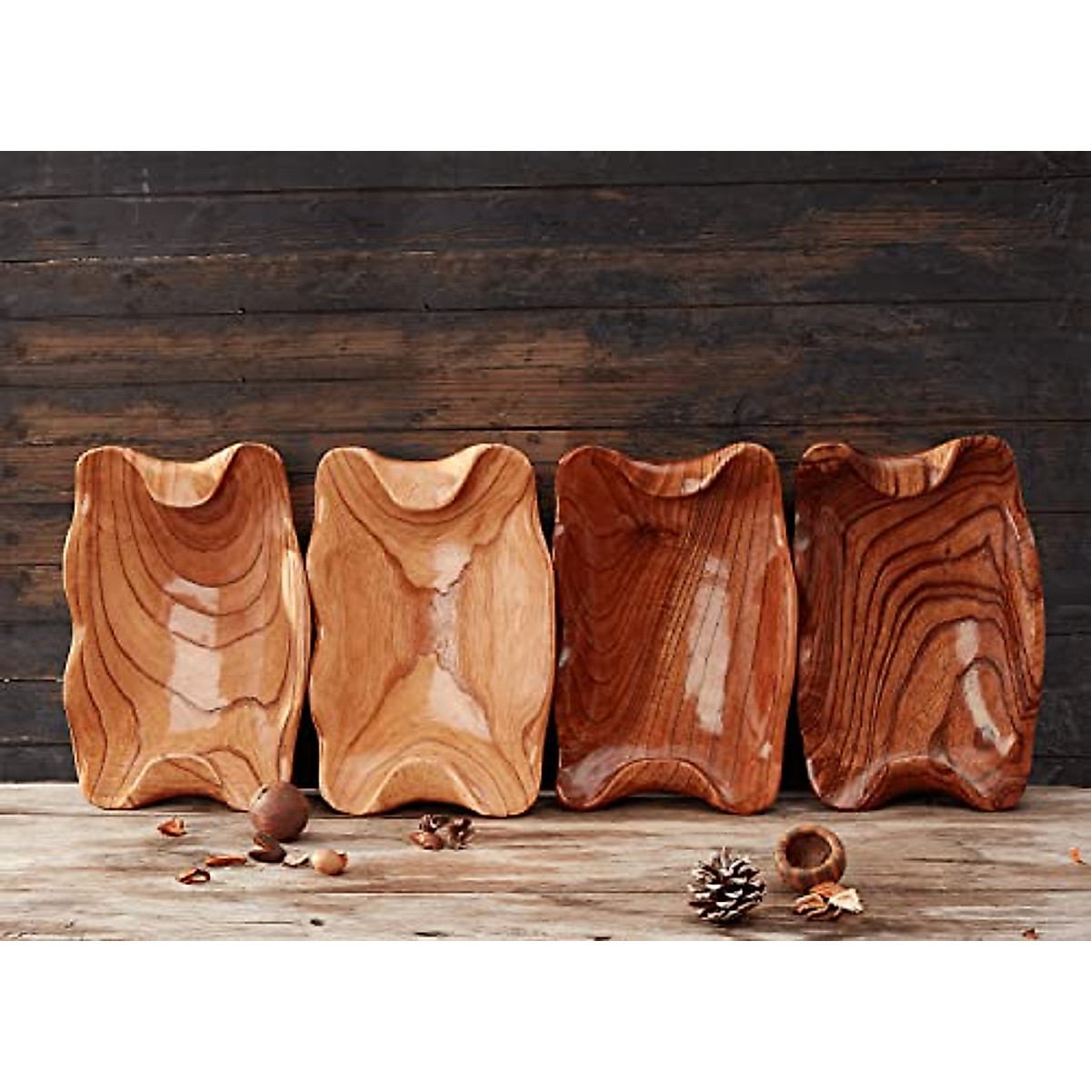 Wavy Live Edge Wooden Bowls for Decor+Wood Beads Garland, Handmade Key Bowl For Entryway Table Decor, Wood Bowls Decorative Wooden Fruit Bowl, Hand Carved Root Centerpiece Display Potpourri Wood Bowl