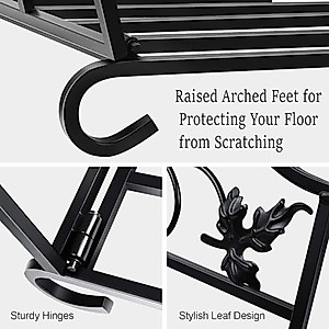 AMAGABELI GARDEN & HOME Firewood Rack Indoor Outdoor Heavy Duty Foldable Firewood Holder Wrought Iron Fireplace Log Holders with Leaves Design and Raised Arched Feet Wood Rack for Firewood Black