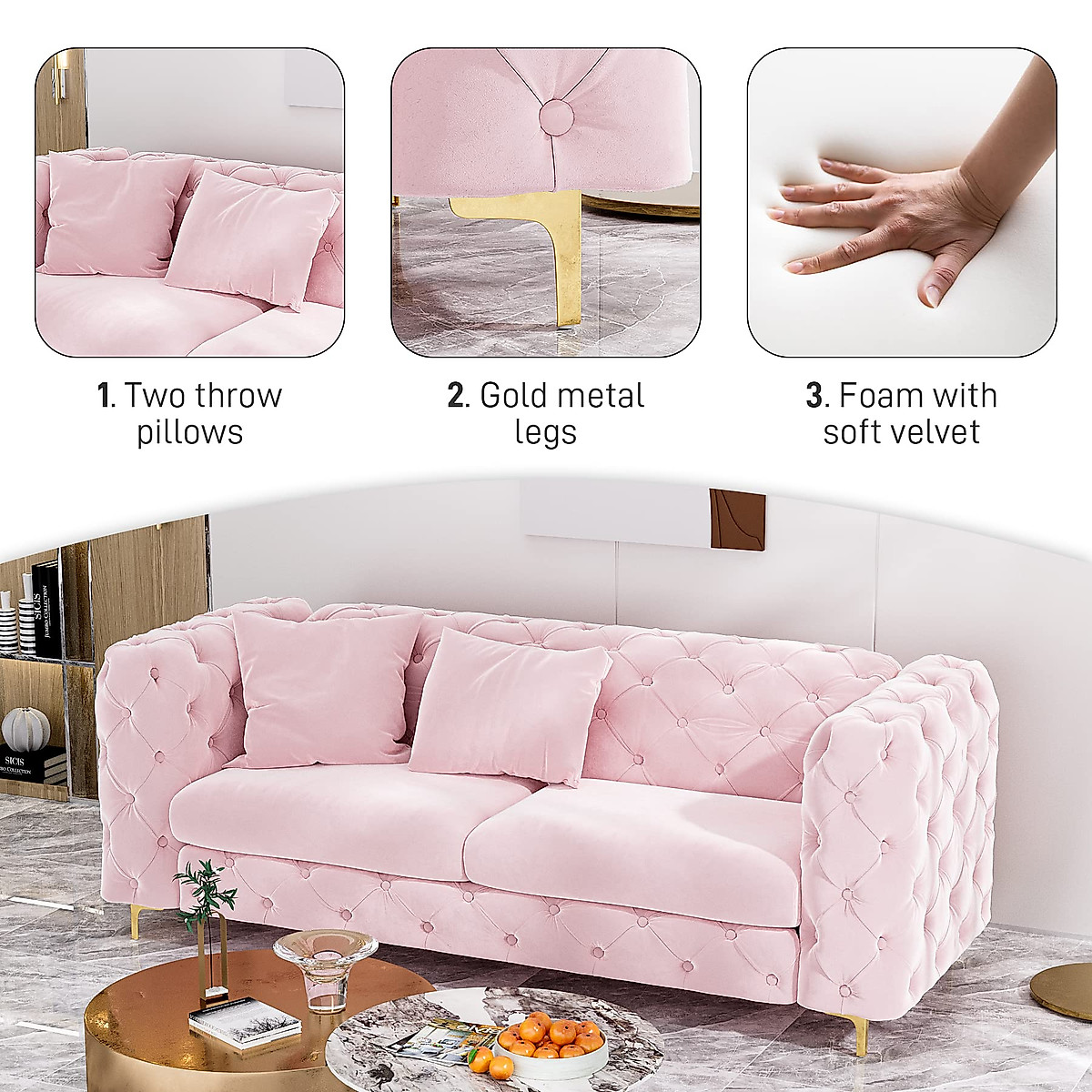 OUYESSIR Modern Velvet Sofa for Living Room, 75 Inches Long Tufted Couch, Upholstered Sofa with 2 Pillows Wide Armrest and Metal Legs for Bedroom Office (Pink)