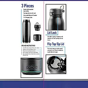 Vacuum Insulated Premium Water Bottle with Rechargeable Bluetooth Speaker - Steel Double Wall Design + Lights, Convenient drinking spout, Lid Lock, and Carry Handle (700ml/23.6 oz) (Black)