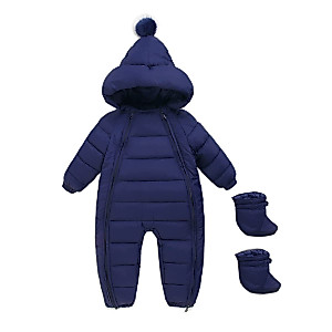 JunNeng Baby Newborn Thick Hooded Winter Snowsuit Romper Boy Girl Snow Wear with Boots (12-18 Months, Navy Blue)