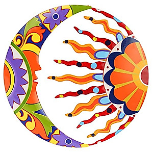 SUNNYPARK Metal Sun and Moon Wall Art Decor, 16" Colorful Handcrafted Mexican Talavera celestial Wall Sculptures Hanging for Indoor Outdoor Living Room, Garden, Patio