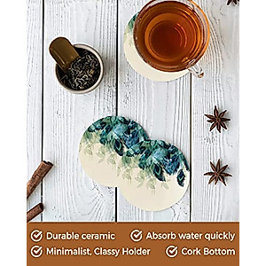 Set of 4 Coasters for Drinks Absorbing Round Ceramic Stone Coaster with Cork Base,Peacock Feather Teal Blue Turquoise Floral Green Leaf Coffee Table Coasters