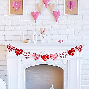 Whaline 3D Valentine's Day Heart Banner Soft Cute Heart Garland Pre-Assembled Red White Heart Fabric Banner Holiday Hanging Decoration for Valentine's Day Wedding Anniversary Party Supplies Home Decor