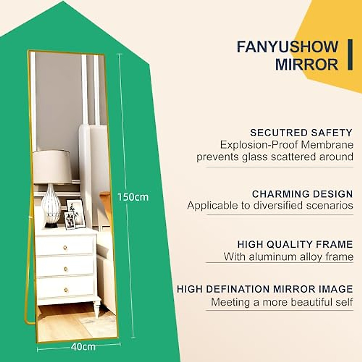FANYUSHOW Full Length Mirror, Standing Hanging or Leaning Body Mirror, Simple Rectangle Design, Aluminum Alloy Thin Frame, Floor Mirror for Bedrooms, Bathrooms, Living Room (Gold)