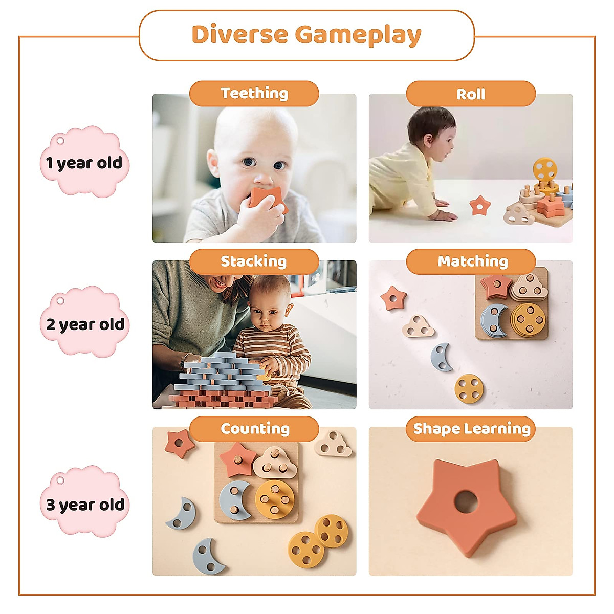 ibwaae Soft Silicone Stacking Toy for Baby 12 Pcs Montessori Sensory Teether Toys Early Shapes Recognition Development Building Stacker for Toddler