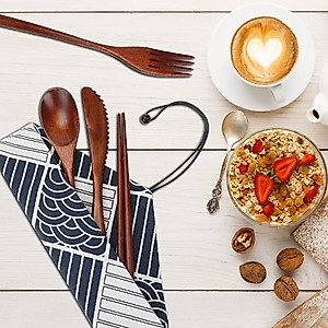 Ideashop Wooden Cutlery Set 16 PCS Reusable Flatware Set, Portable Wooden Utensils for Eating Includes Wooden Knife, Fork, Spoon, Chopsticks, with Pouch for Household Office Camping Traveling