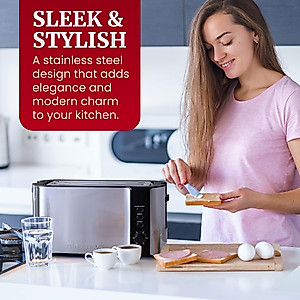 Elite Gourmet ECT-3100 Long Slot 4 Slice Toaster, Reheat, 6 Toast Settings, Defrost, Cancel Functions, Built-in Warming Rack, Extra Wide Slots for Bagels & Waffles, Stainless Steel & Black