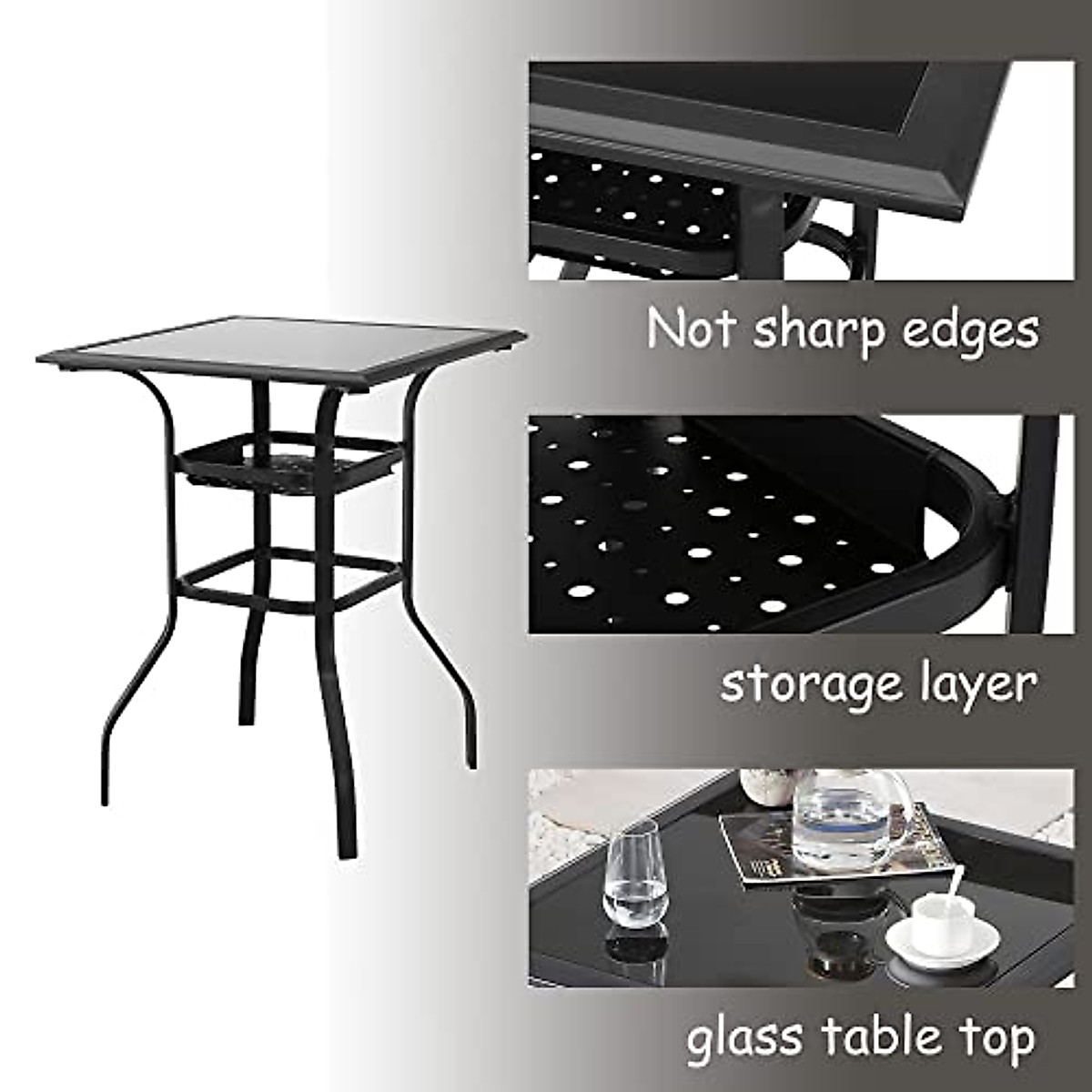 LOKATSE HOME Patio Bar Set 3 Piece Counter Height Stools Glass Top Tempered Tesilin Conversation Dining Furniture, Grey