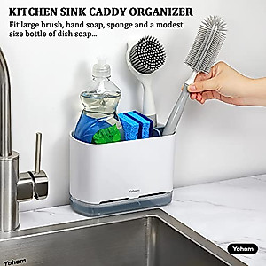YOHOM Kitchen Scrub Brush Holder for Sink Sponge Caddy Countertop Organizer Plastic Dish Brush Sponge Holder with Drain Tray