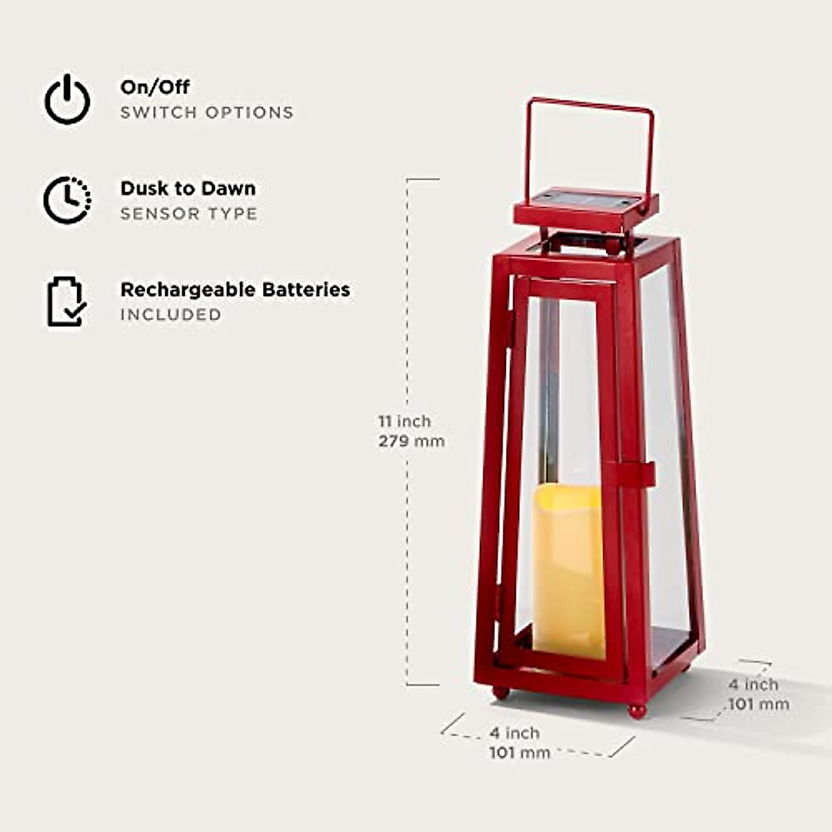 Red Outdoor Solar Lanterns - 11 Inch, Set of 2, Metal & Glass, Waterproof Flameless Pillar Candle, Dusk to Dawn Timer, Flickering LED Light, Rustic Vintage Patio