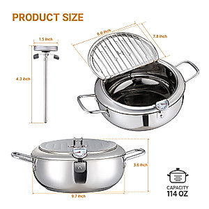 LEPO Deep Fryer Pot, 3.4L Japanese Tempura Deep Fryer Pot, 304 Stainless Steel Frying Pot With Thermometer,Lid And Oil Drip Drainer Rack for French Fries,Chicken,Fish and Shrimp