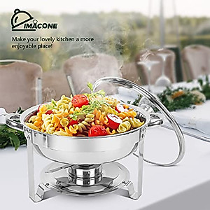 IMACONE Chafing Dish Buffet Set 4 Pack, 5QT Round Stainless Steel Chafer for Catering in Glass Lid, Chafers and Buffet Warmer Sets w/Food & Water Pan, Lid, Frame, Fuel Holder for Event Party Holiday