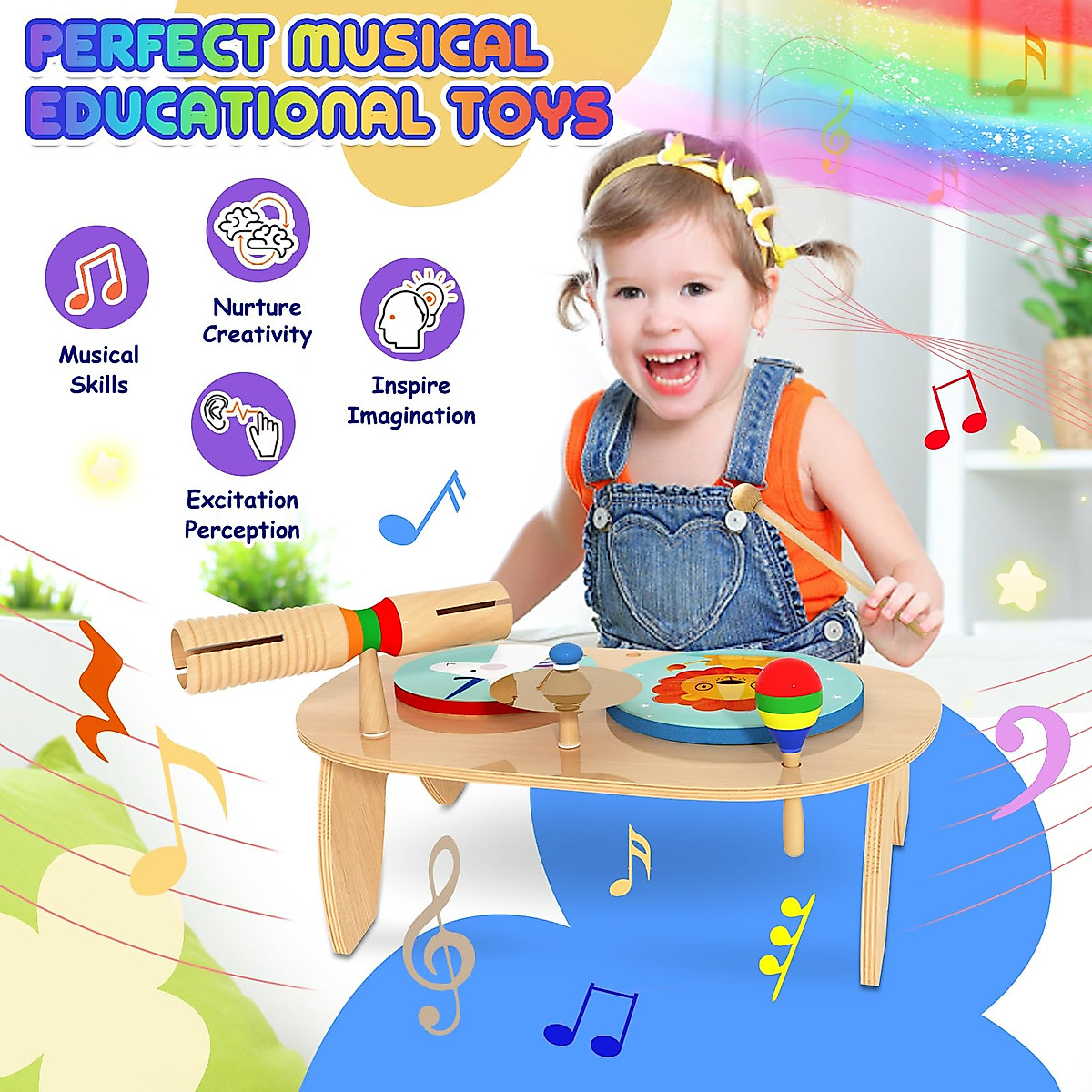 LOOIKOOS Kids Drum Set for Toddlers 1-3, All in One Montessori Musical Instruments -Wooden Percussion Educational Preschool Music Toys for Baby 12-18 Months