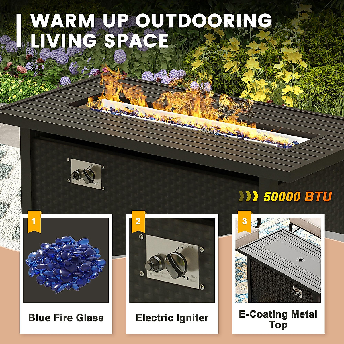 VICLLAX 8 Pieces Wicker Patio Furniture Set with Fire Pit Table 44.8" Metal Top, 3-Seat Sofa, 4 Single Chairs, 2 Ottomans, Outdoor Conversation Set for Garden, Poolside, Backyard, Beige Cushion