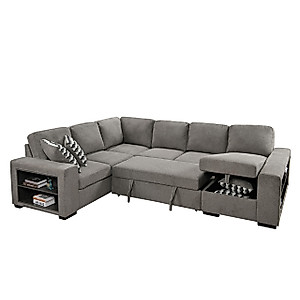 RENDGO 125'' U Shaped Oversized Sectional Sofa Couch with Cabinet,7 Seat Sectional Sleeper Sofa Bed with Storage Chaise, Pull Out Bed for Living Room,Grey