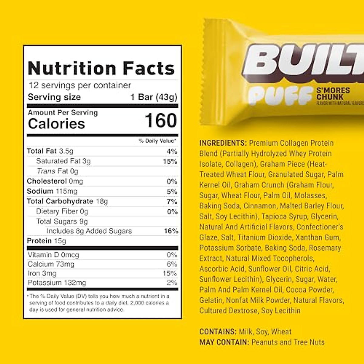 Built Bar, Puff Protein Bars, S'mores Chunk Puff, 15g Protein Snacks, On-The-Go Bars, Only 160 Calories, 9g Sugar, Collagen, Not Gluten Free, 12 Count
