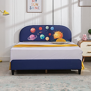 Mixoy Twin Size Kids Bed Frame, Faux Leather Upholstered Platform Bed Frame with Curved Headboard, Blue Bed Frame for Children (Twin, Space)