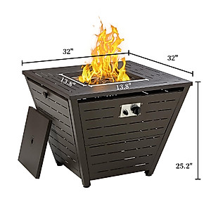 PaPaJet 32" Propane Fire Pit Table, 50,000 BTU Square Gas Firepit Table with Lid and Lava Rock, Great for Outdoor Garden Backyard Patio, Brown