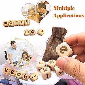 Hometu 5Pcs/Set 20MM Wooden Letter Dice Set, 6-Sided English Letter Pattern Engraved Wood Rolling Dices with Linen Bag, Yellow