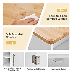 Giantex Kitchen Island, Mobile Kitchen Cart with Storage Cabinet, Bamboo Top, 6-Bottle Wine Rack, 3 Tier Spice Rack, Towel Holder, Rolling Microwave Cart for Dining Room Coffee Bar, White