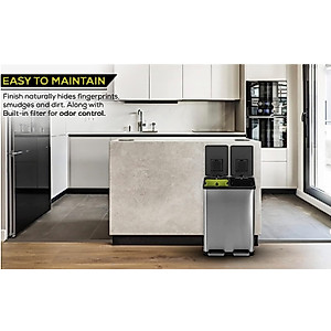 SIMPLI-MAGIC 60 Liter / 16 Gallon Rectangular Hands-Free Dual Compartment Recycling Kitchen Step Trash Can with Soft-Close Lid, Brushed Stainless Steel (38L x 22L Capacity)