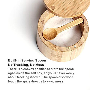 KITCHENDAO Bamboo Salt Cellar Bowl Box Container with Built-in Spoon to avoid Dust, Elegant Kitchen Salt Dish Holder Saver Jar with Swivel Magnetic Lid to Storage Pepper Spice Bath Salt Sea Salt, 6OZ