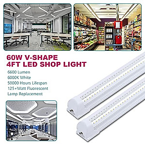 MKUJOO 6 Pack 4FT 60W LED Shop Light, V Shape Integrated T8 LED Tube Light, 6600LM, 6000K Super Bright White,high Output Linkable with Plug for Garage, Workshop,Basement,Warehouse