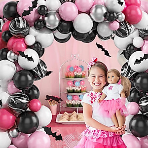 Pink Black Halloween Balloon Garland, 125pcs Matte Black Pink White Metallic Silver Rose Red Balloons for Halloween Themed Party Kids Halloween Girl Birthday Haunted House Decorations