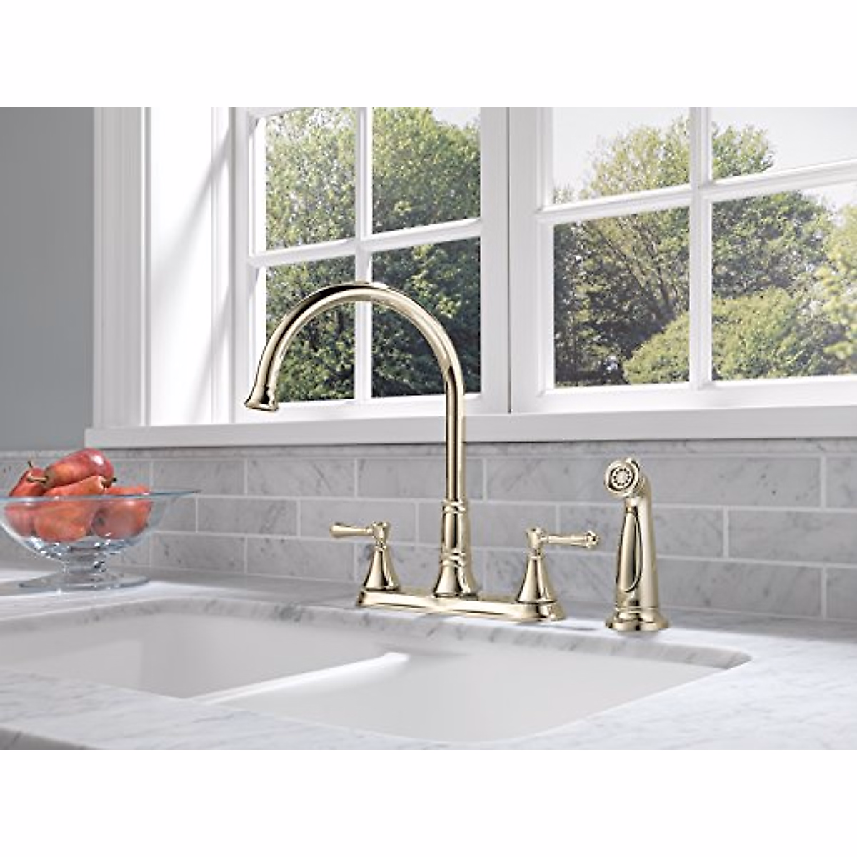 DELTA FAUCET 2497LF-PN Two Handle Kitchen Faucet with Spray, Polished Nickel