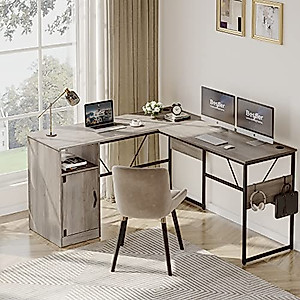 Bestier L Shaped Desk with File Cabinet Reversible Computer Desk 60'' Corner Desks Modern Long Desk 2 People Home Office Desk Study Workstation Table(Wash Grey)