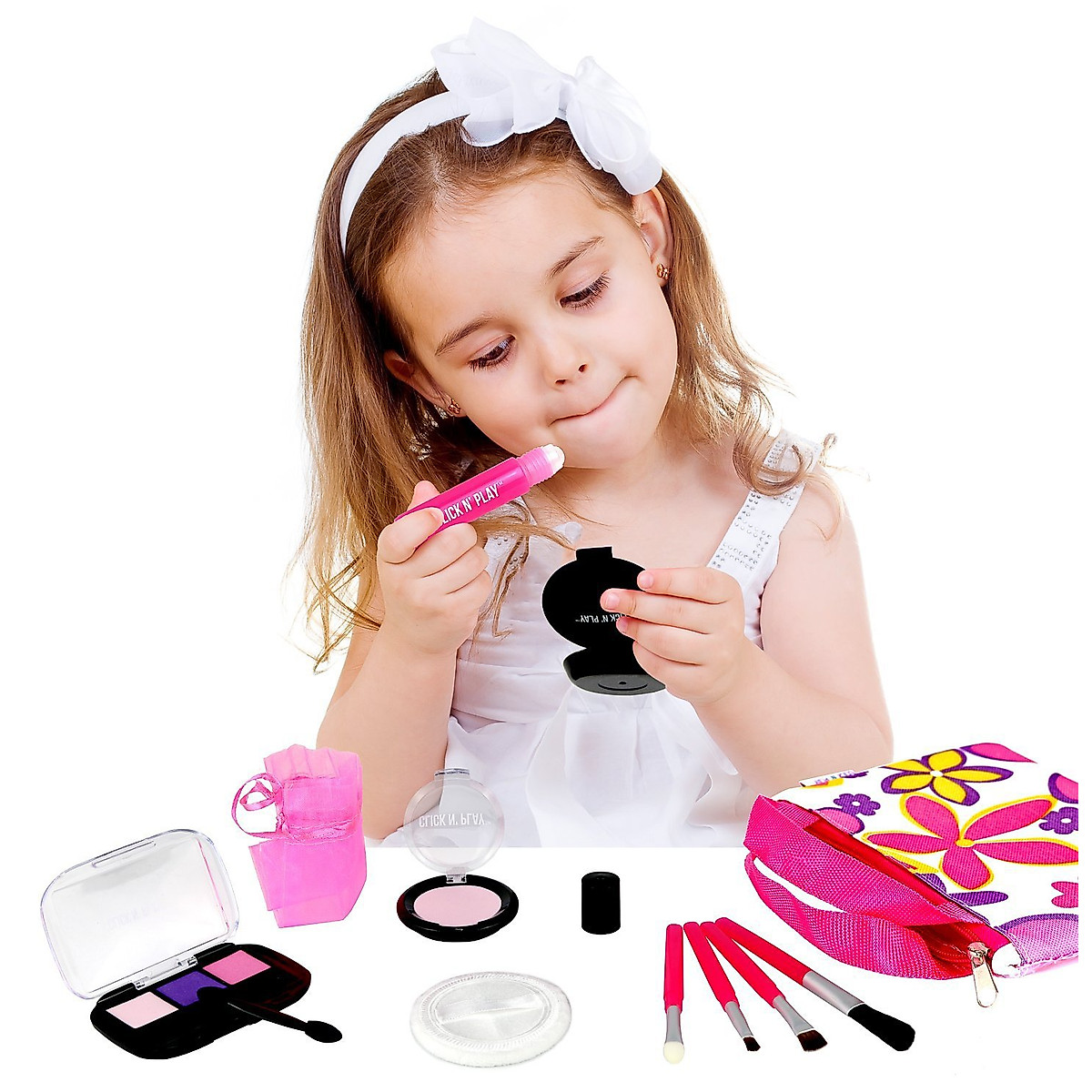 Click N' Play Cosmetic and Makeup Set for Girls, Includes Floral Tote Bag and 8-piece for Pretend Play - Pretend Makeup for Toddlers